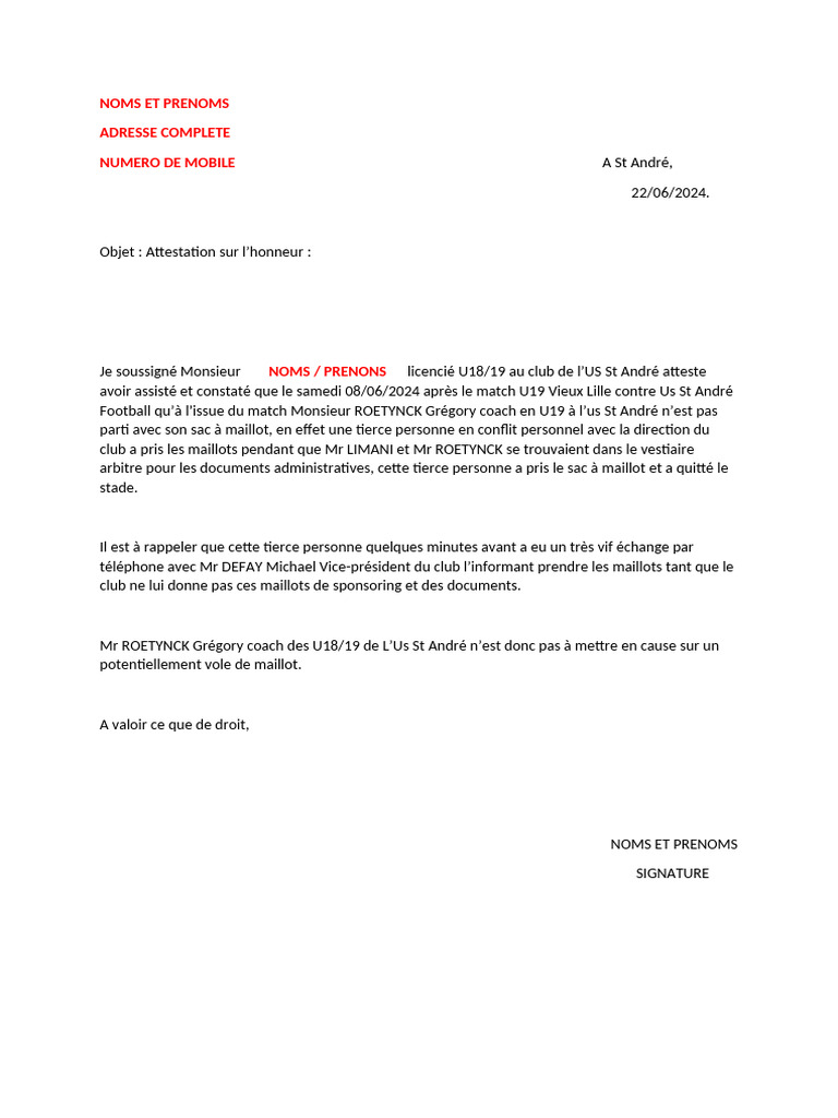 Ussa Football Attestation Sur L'honneur U18-19 USSA | PDF