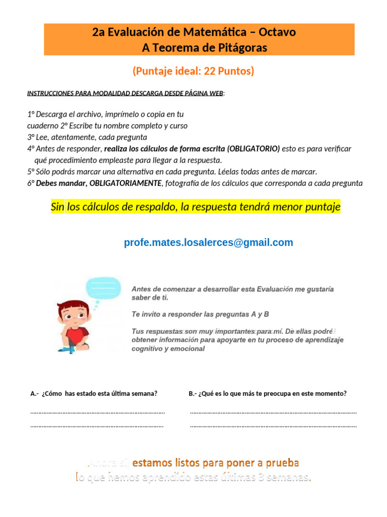 OCTAVO-A-EVALUACION-teorema de Pitágoras | PDF | Triángulo | Matemáticas