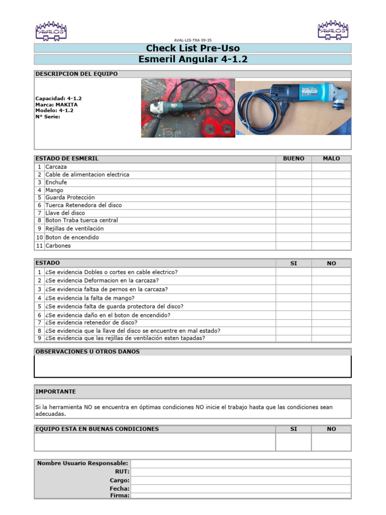 AVAL-LIS-TRA 09-35 Check List Pre Uso Esmeril Angular | PDF