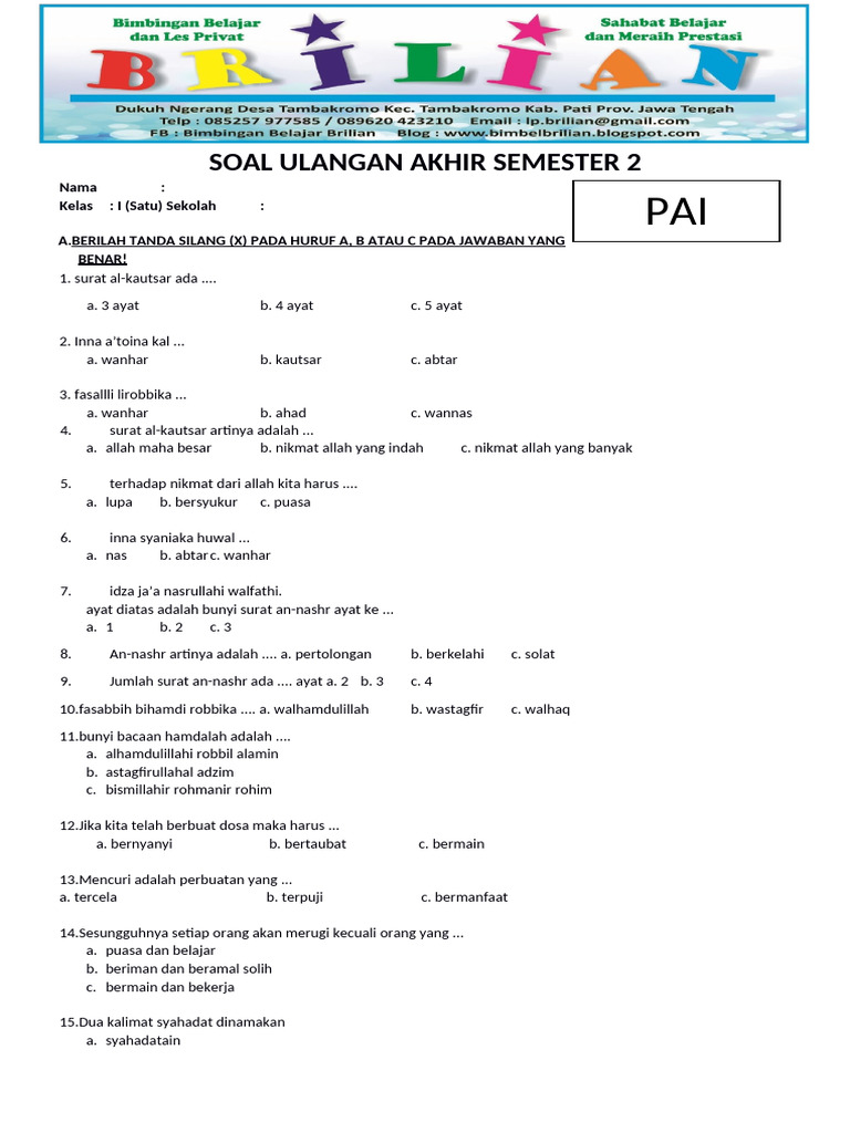 Soal UAS PAI Kelas 1 SD Semester 2 Dan Kunci Jawaban | PDF
