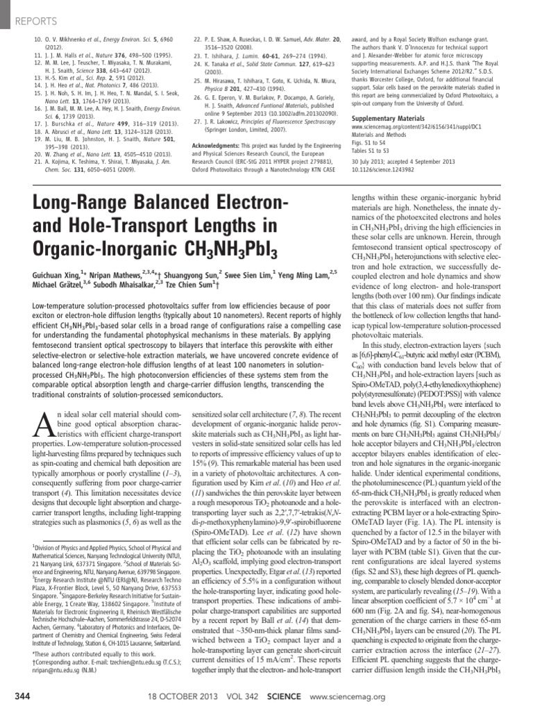 Long-Range Balanced Electron-And Hole-Transport Lengths in Organic-Inorganic CH NH Pbi | PDF