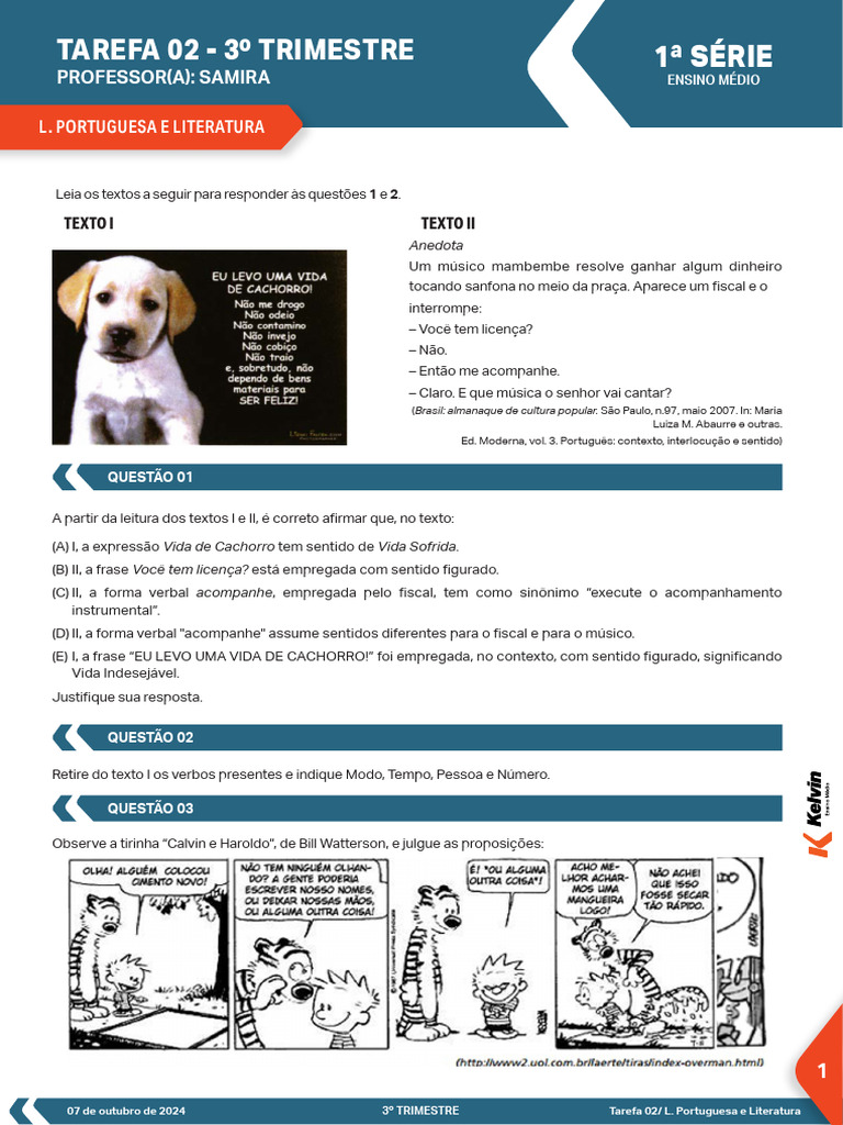 (07.10) L. Portuguesa e Literatura - Tarefa 02 - 1 Série - 3º Trimestre | PDF