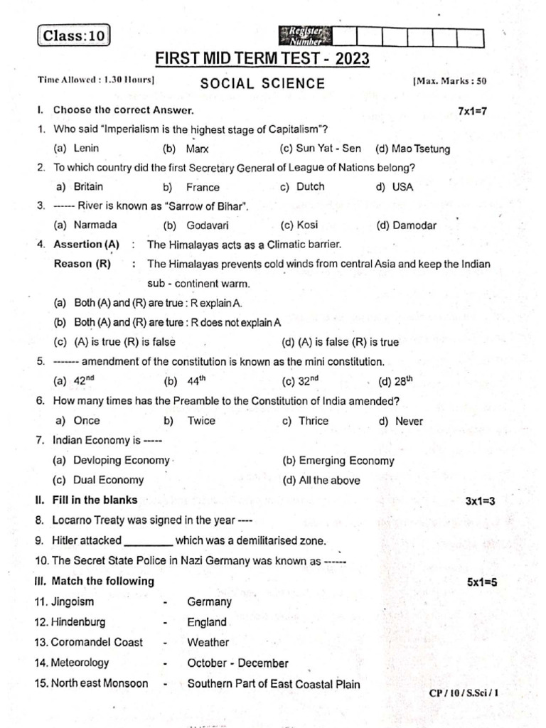 10th Social EM 1st Mid Term Exam 2023 Original Question Paper Chengalpattu District English ...