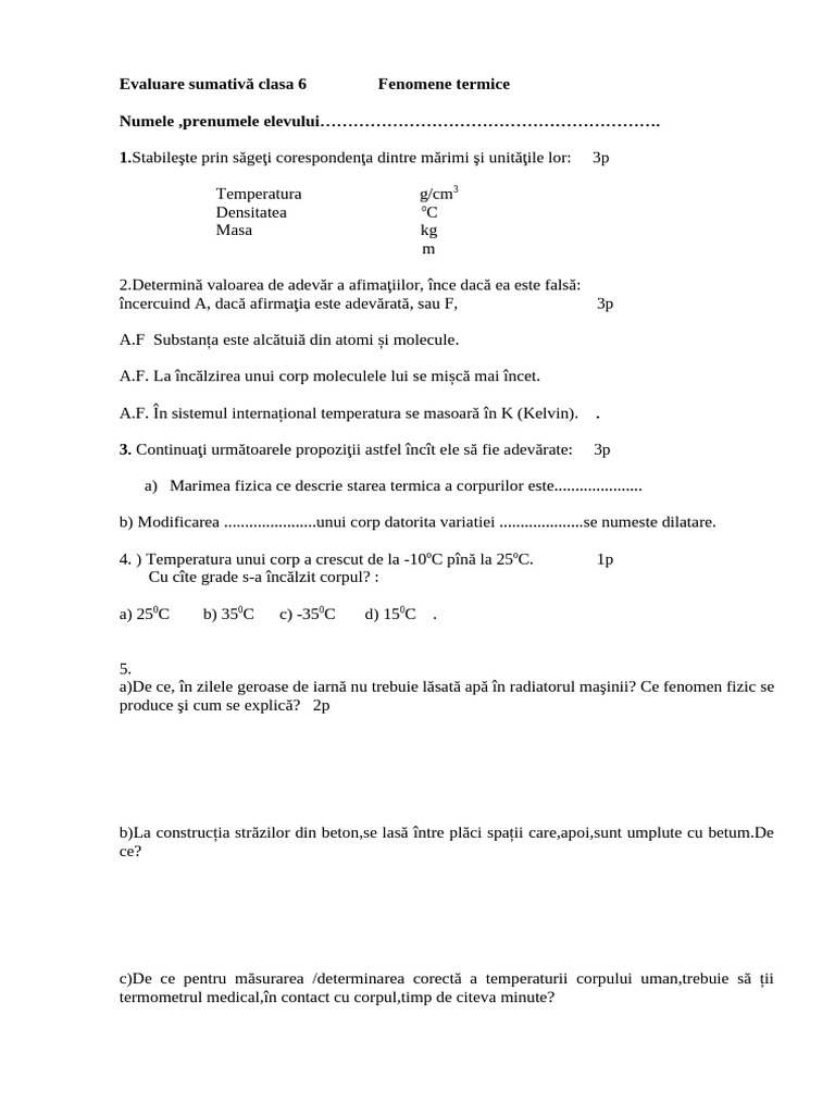 Evaluare Sumativă Clasa 6 Fenomene Termice | PDF