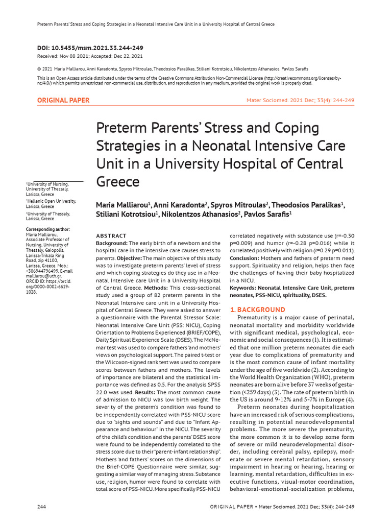 2021 Preterm Parents' Stress and Coping GREECE 1 | PDF