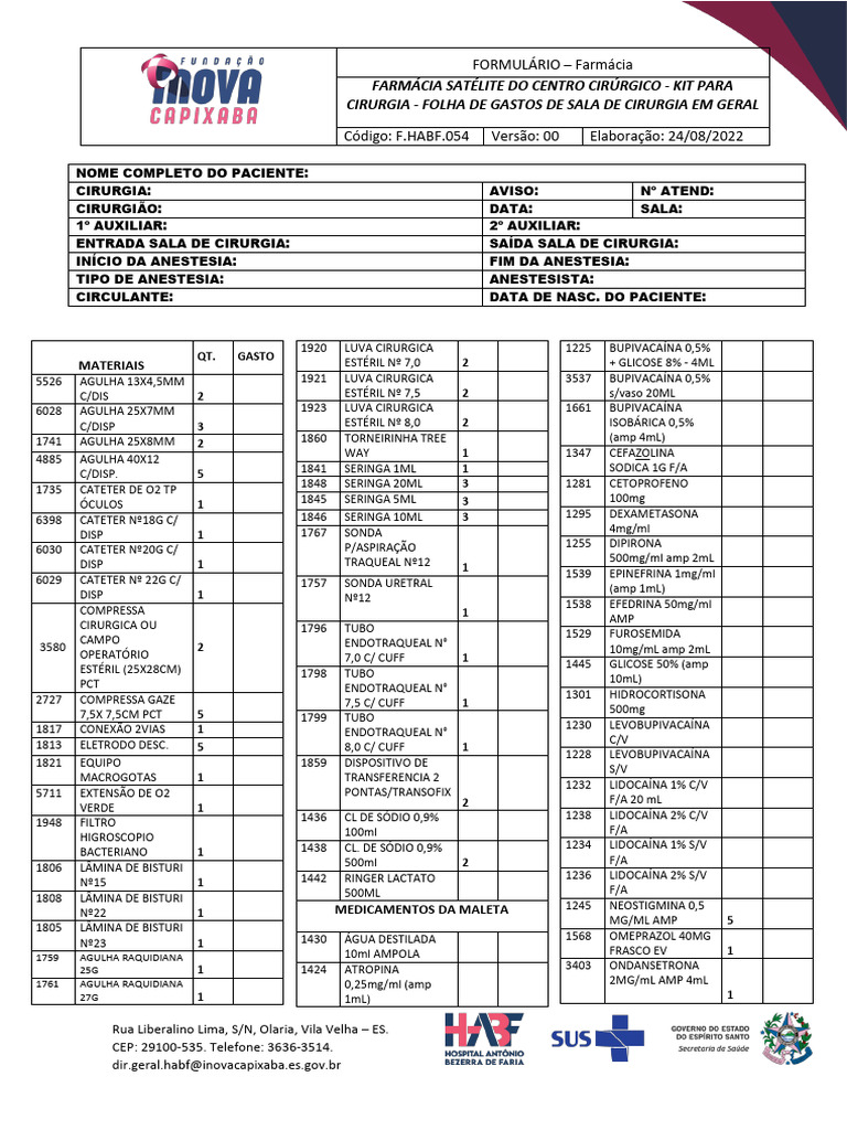 F.habf.054 - Folha de Gastos de Sala de Cirugia em Geral | PDF
