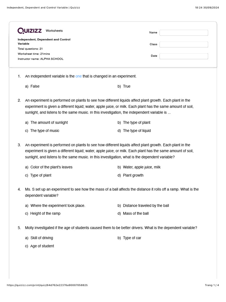 Independent, Dependent and Control Variable - Quizizz | PDF