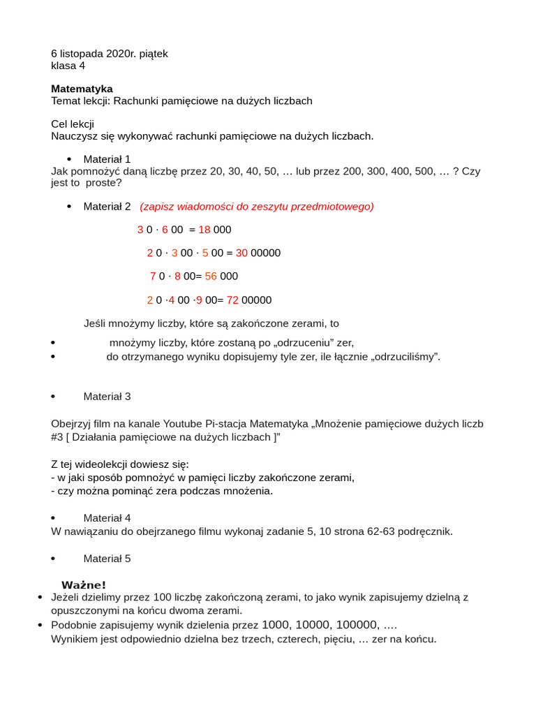 06.11.2020 Rachunki Pamieciowe Na Duzych Liczbach | PDF