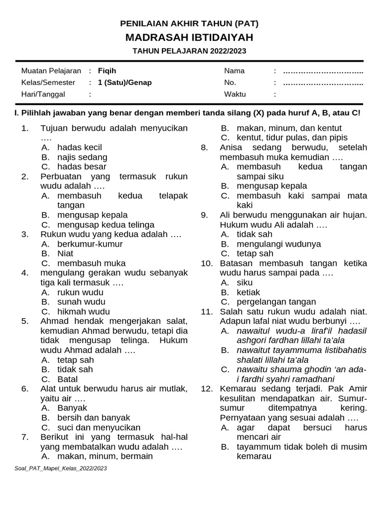 Format Soal Kelas 1-2 Pat Tp. 2022-2023 | PDF