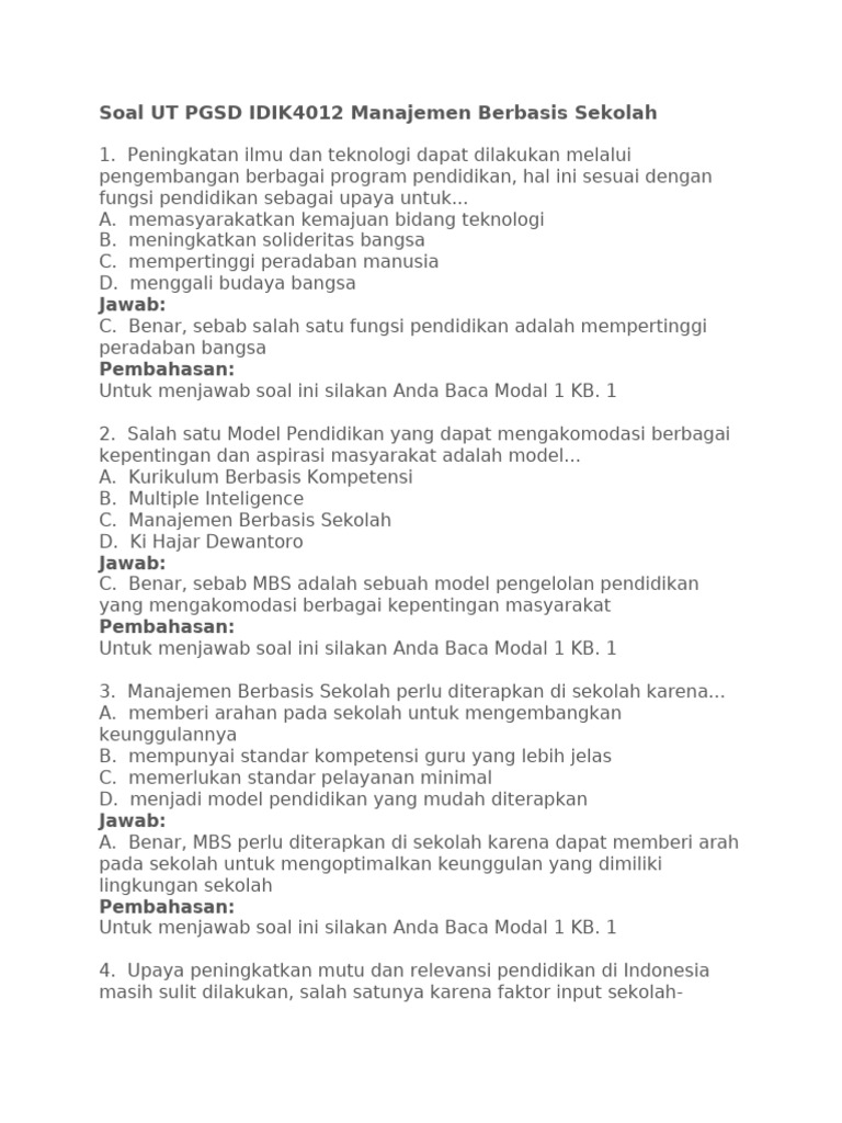 Soal UT PGSD IDIK4012 Manajemen Berbasis Sekolah | PDF