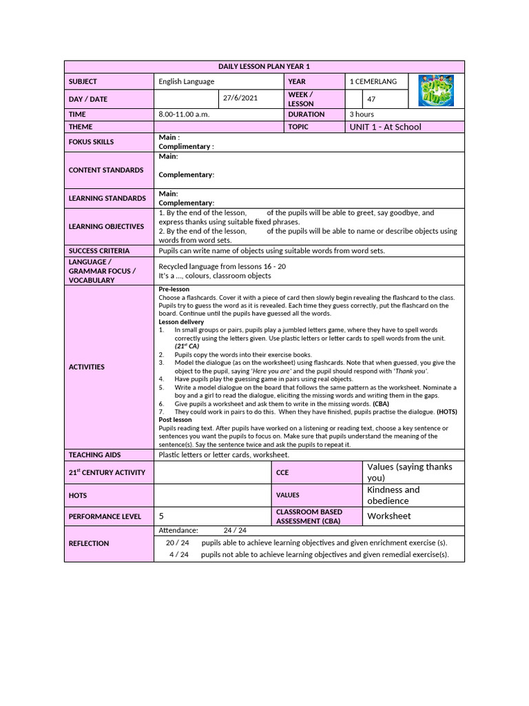 Daily Lesson Plan Year 1C | PDF