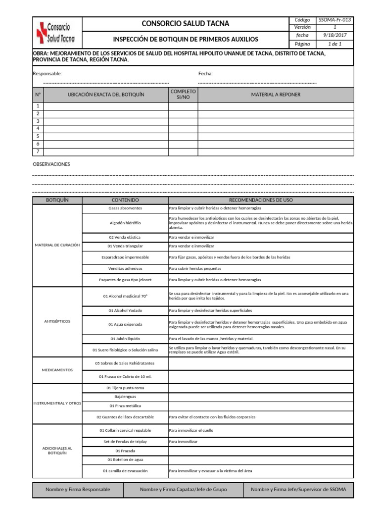 SSOMA-Fr-013- Inspeccion de Botiquin | PDF SSOMA-Fr-013- Inspeccion de Botiquin | PDF