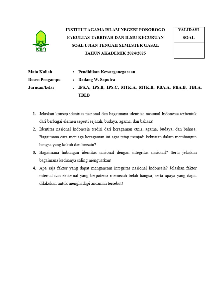 Soal UTS 2024 - Pendidikan Kewarganegaraan | PDF
