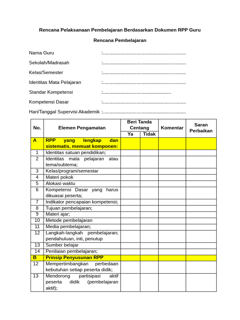 Rubrik Observasi RPP | PDF
