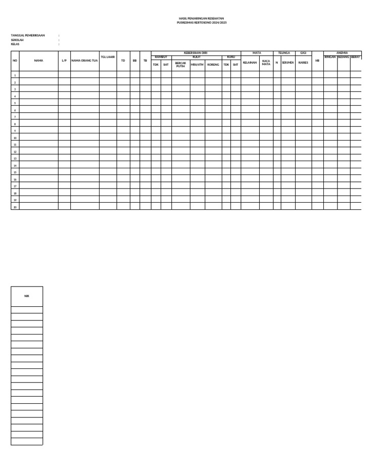 Form Penjaringan Uks Dan Anemia 2024 | PDF