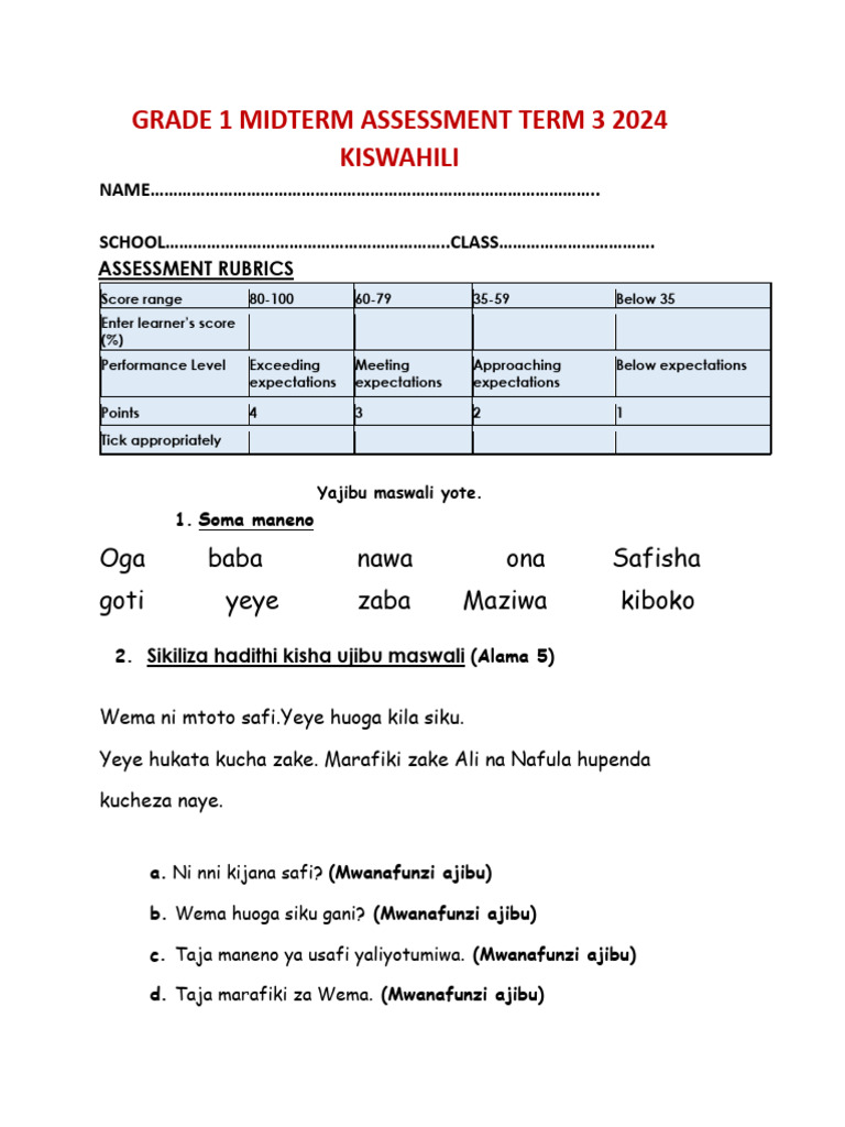 Kiswahili Grade 1 Midterm 3 | PDF