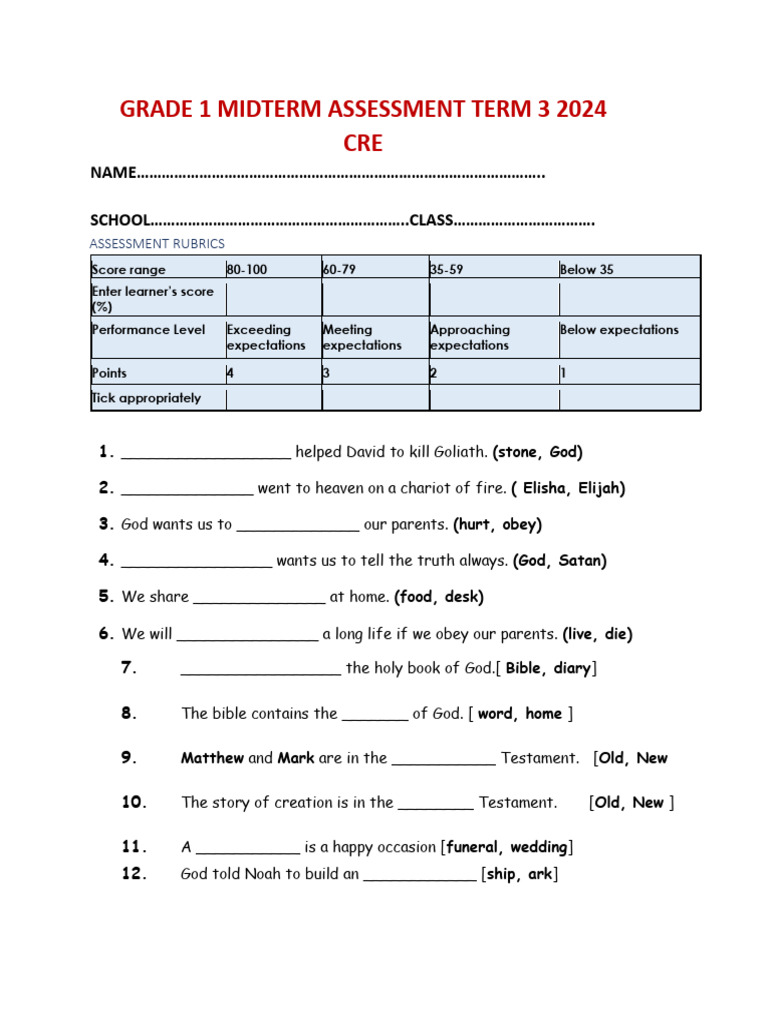 CRE Grade 1 Midterm 3. | PDF