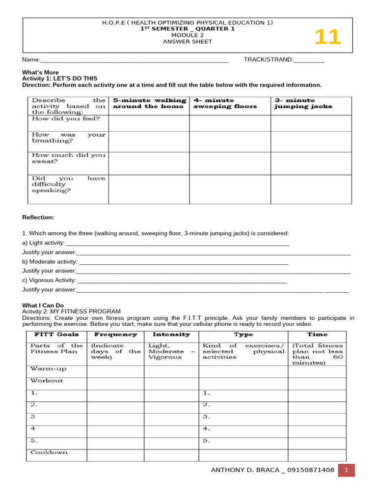 HOPE 1 Module 2 Answer Sheet | PDF