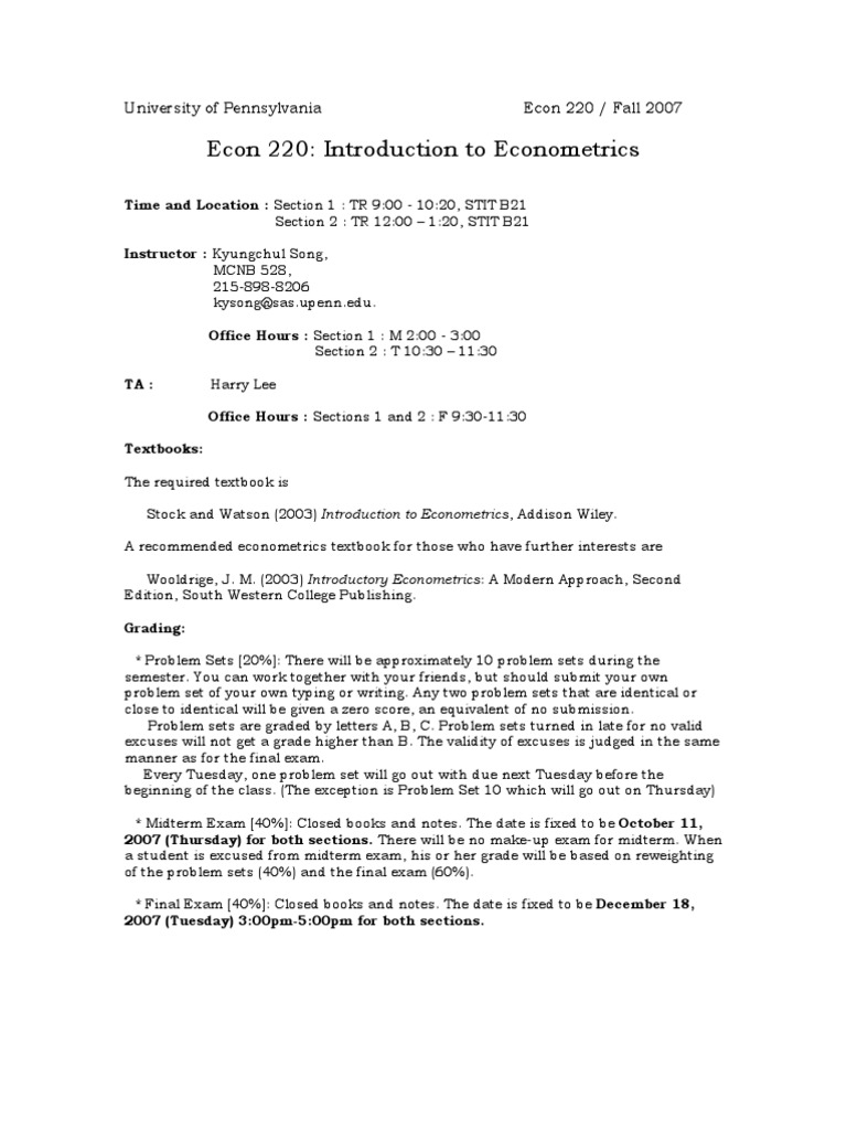 Econ220 Syllabus | PDF | Ordinary Least Squares | Econometrics