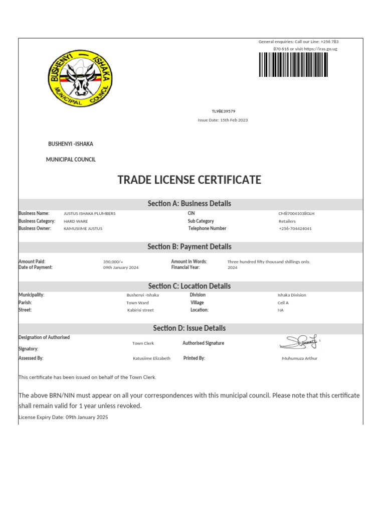 Trade License Certificate: Section A: Business Details | PDF