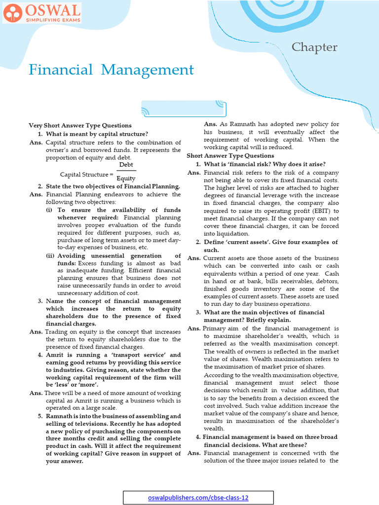 NCERT Solutions For Class 12 Business Studies Chapter 9 Financial Management | PDF | Dividend ...