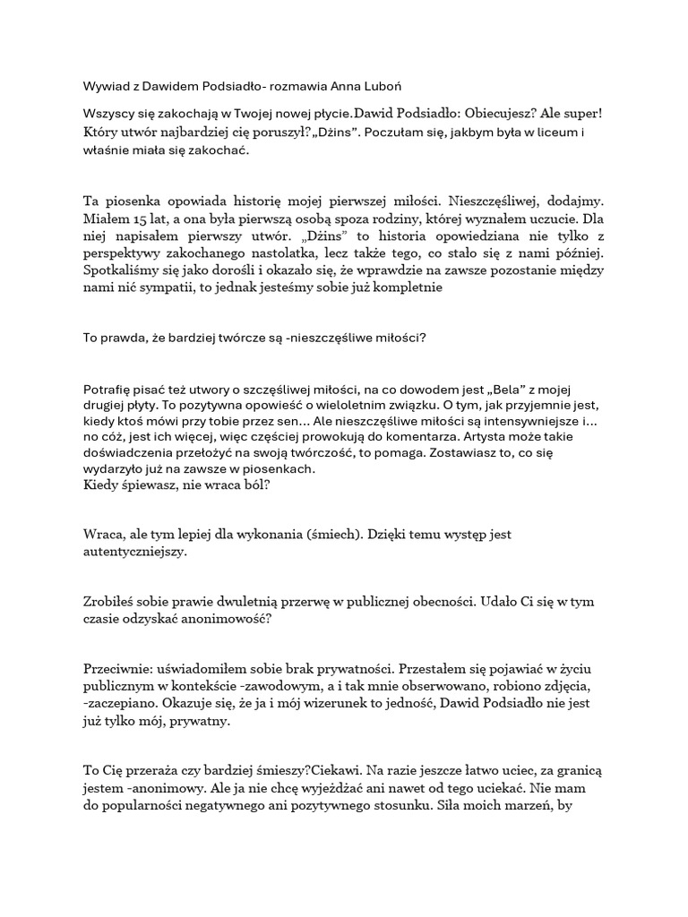 Wywiad Z Dawidem Podsiadło 2 | PDF