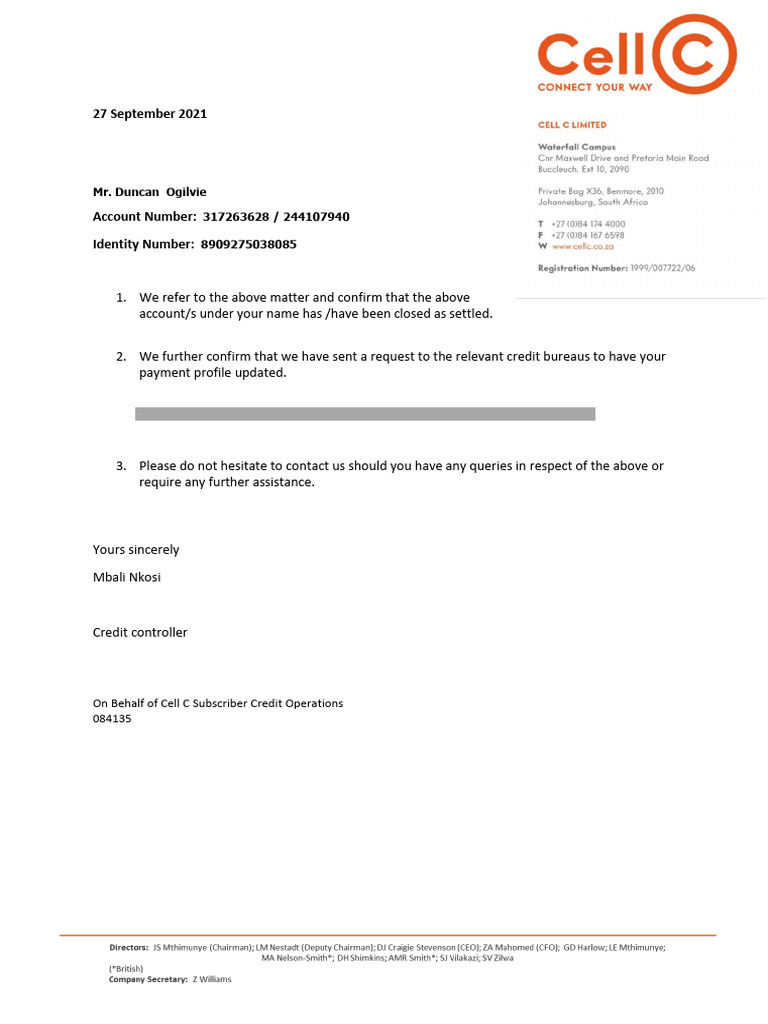 D. Cell C Paid Up Letter | PDF