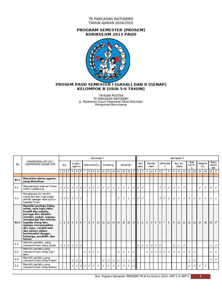 Prosem TK B 5-6 Tahun K13 Semester 1,2 | PDF