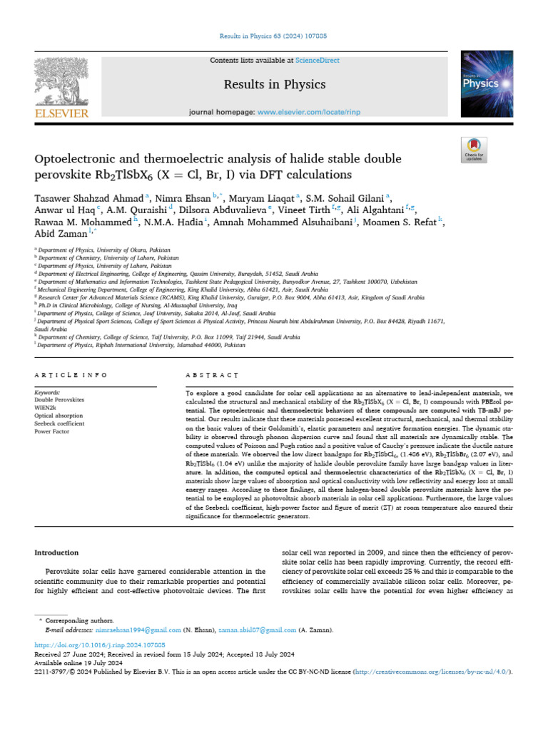 Optoelectronic and Thermoelectric Analysis of Halide Stable Double Perovskite Rb2TlSbX6 (X CL ...