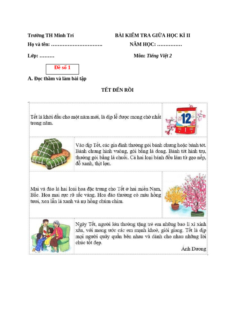 Bo de Thi Giua Hoc Ki 2 Mon Tieng Viet Lop 2 Sach Ket Noi | PDF