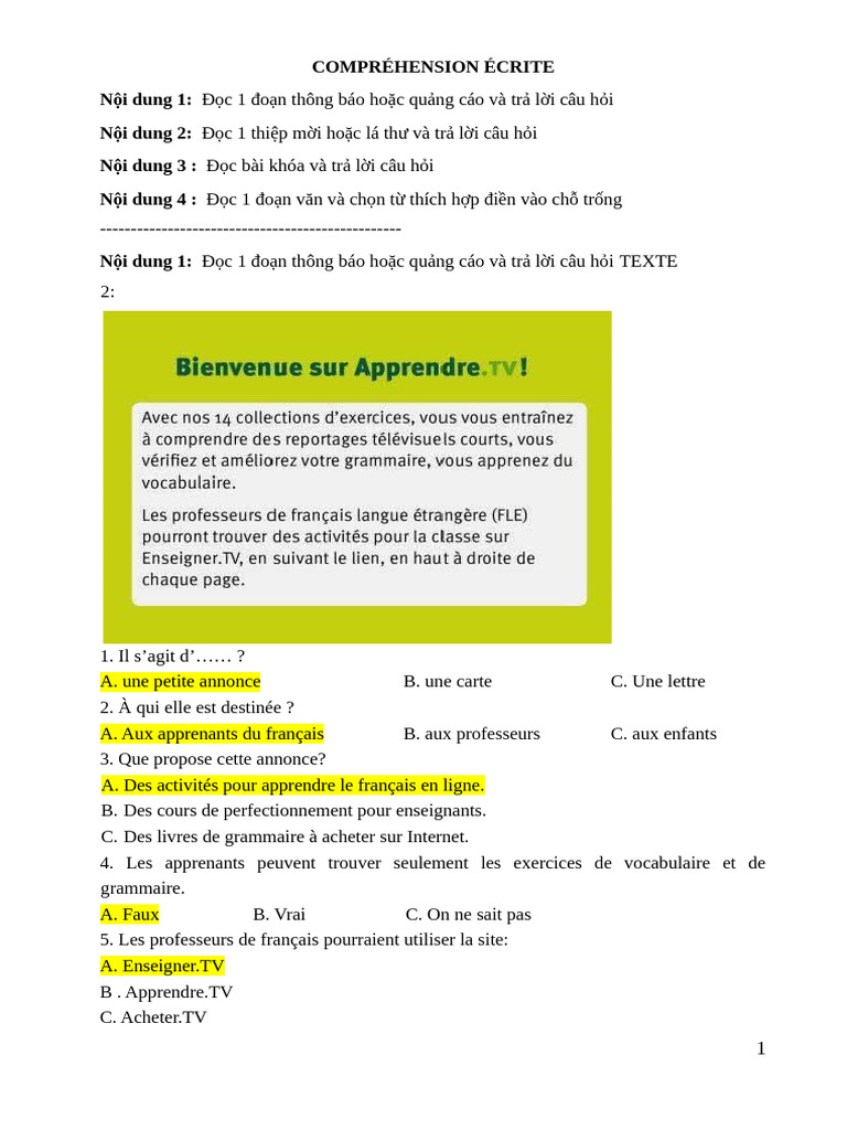 COMPRÉHENSION ÉCRITE | PDF