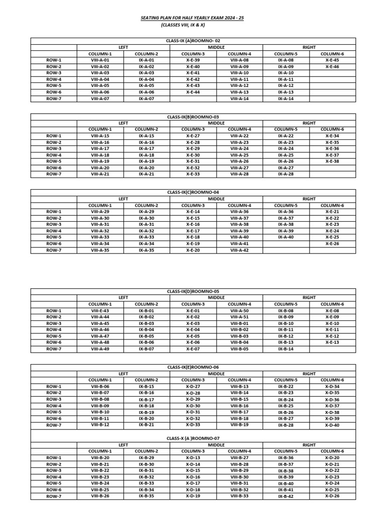 VIII, IX, X, Seating Plan For HALF YEARLY EXAM | PDF