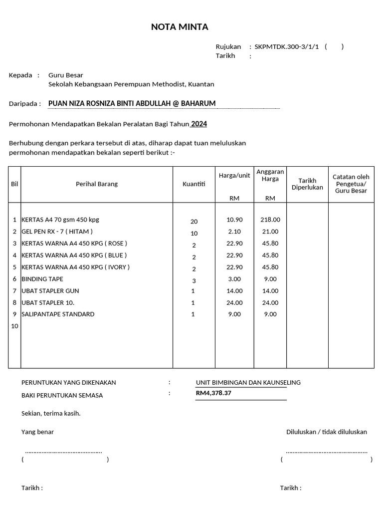 BORANG NOTA MINTA | PDF