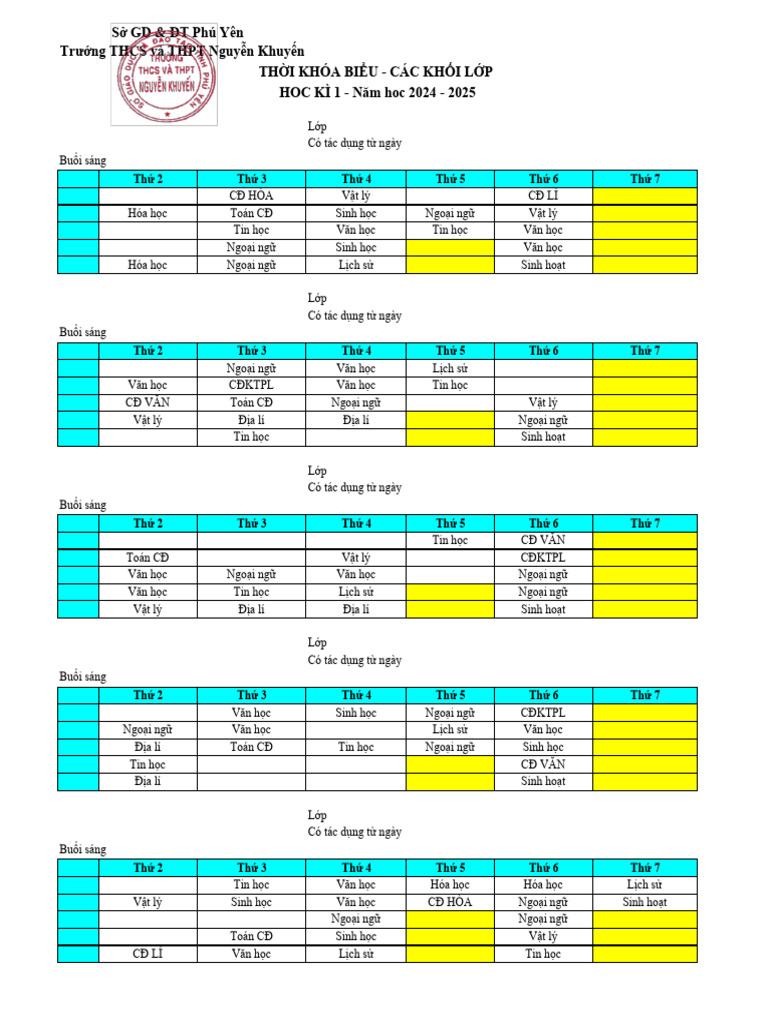 TKB - L P - Hki - Ap Dung Tu Ngay 5 - 9 - 2024 | PDF