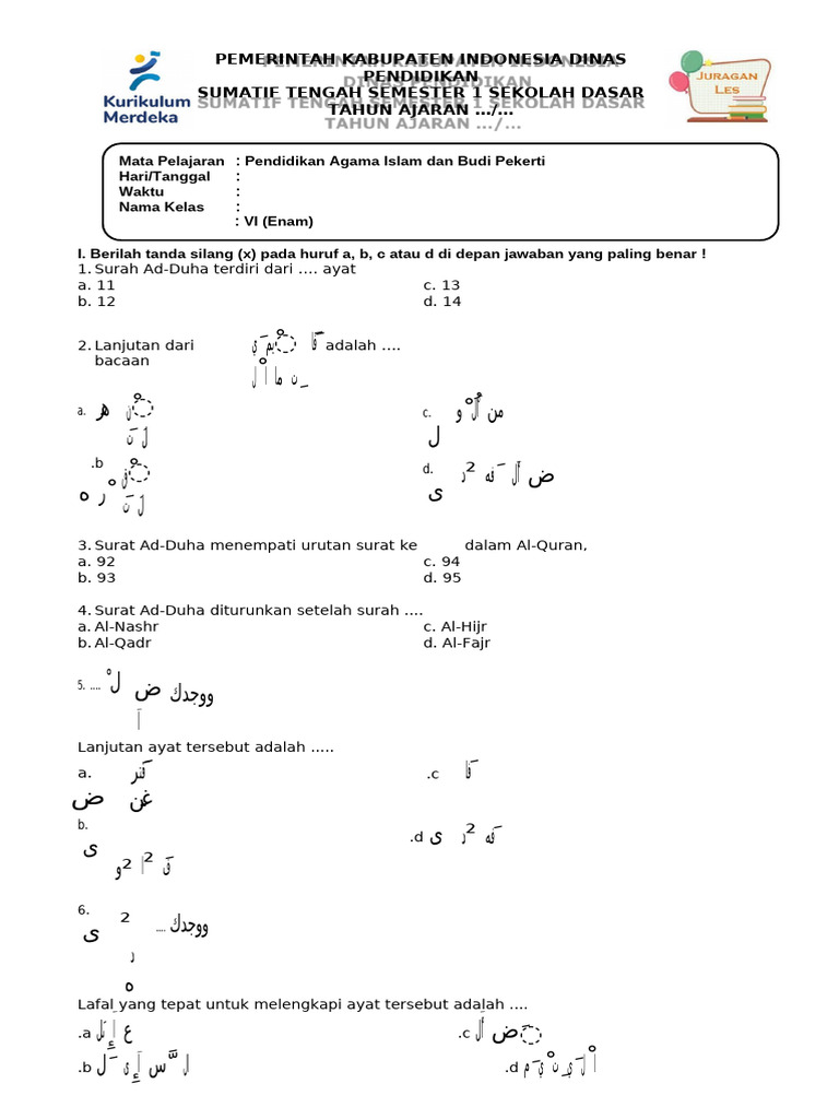 Soal PTS-STS PAI dan BP Kelas 6 Semester 1 Kurikulum Merdeka | PDF