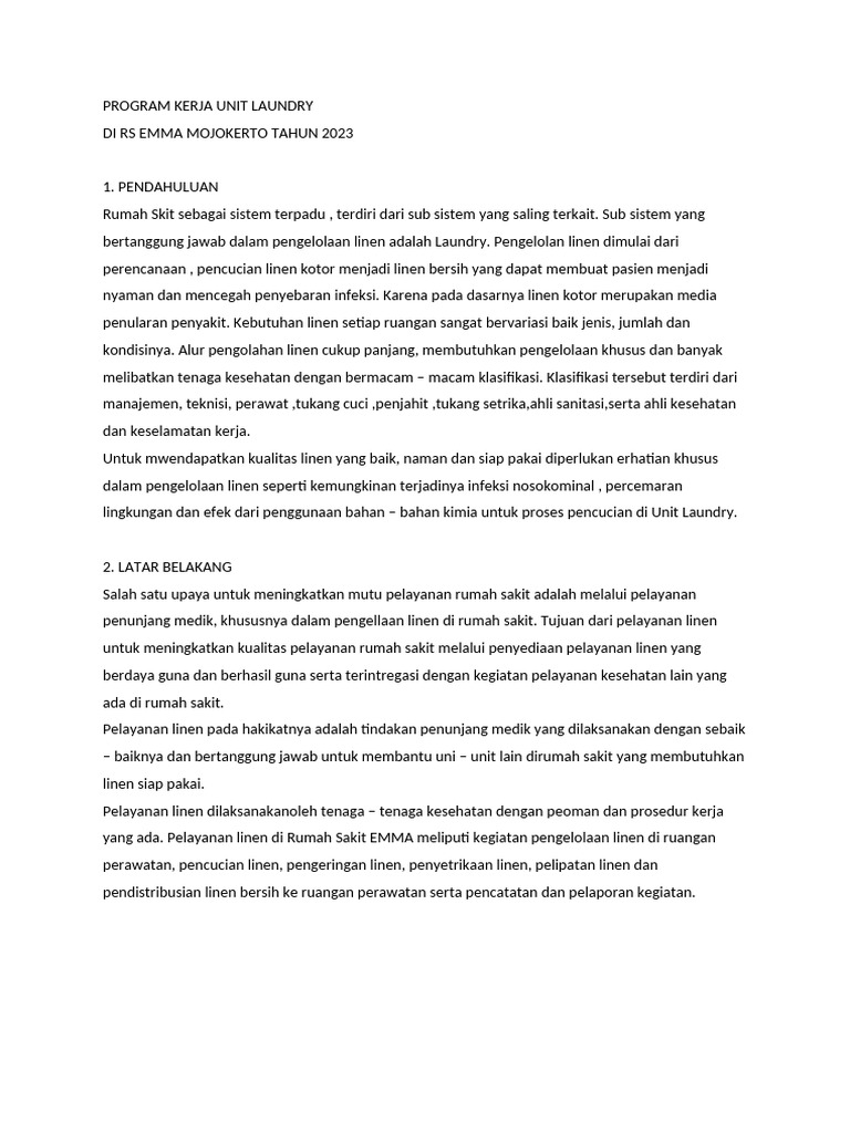 PROGRAM KERJA UNIT LAUNDRY | PDF