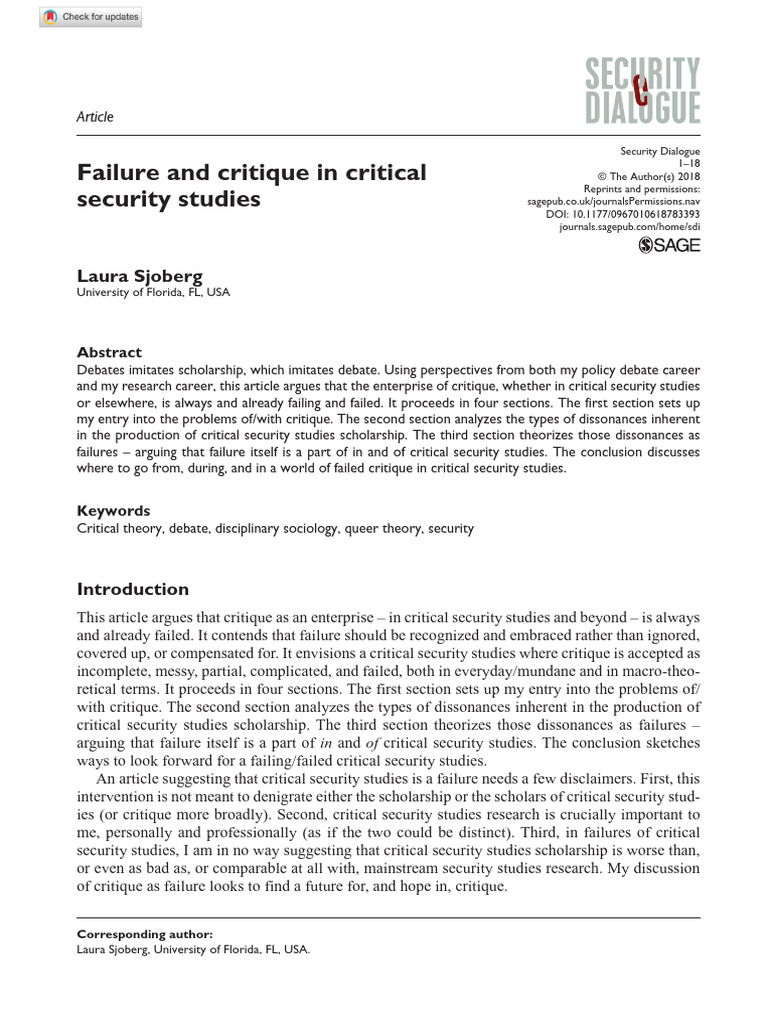 Failure and Critique in Critical Security Studies: Laura Sjoberg | PDF