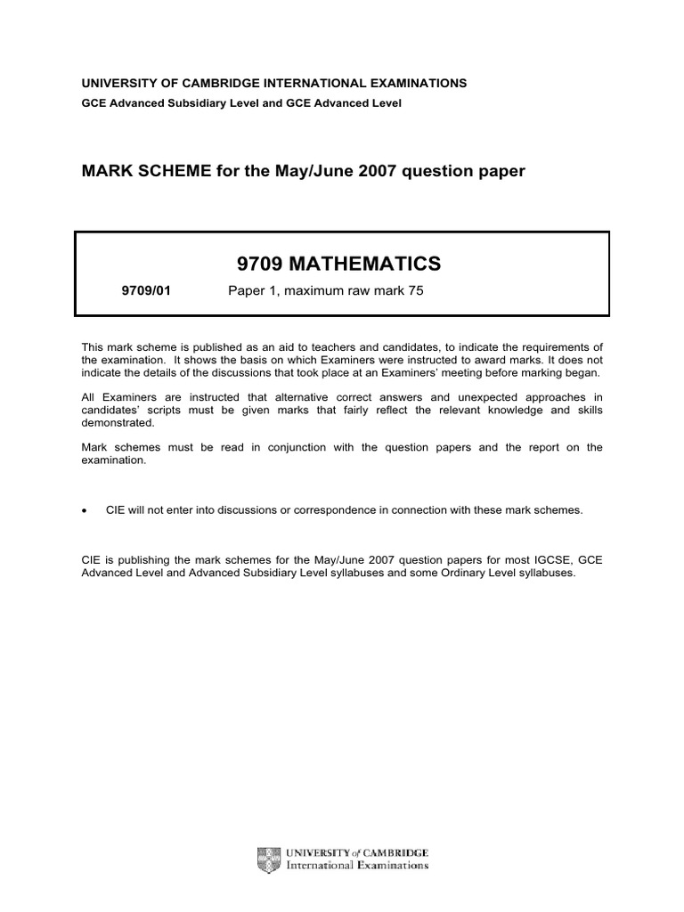 June 2007 MS - P1 CIE Maths A-Level | PDF