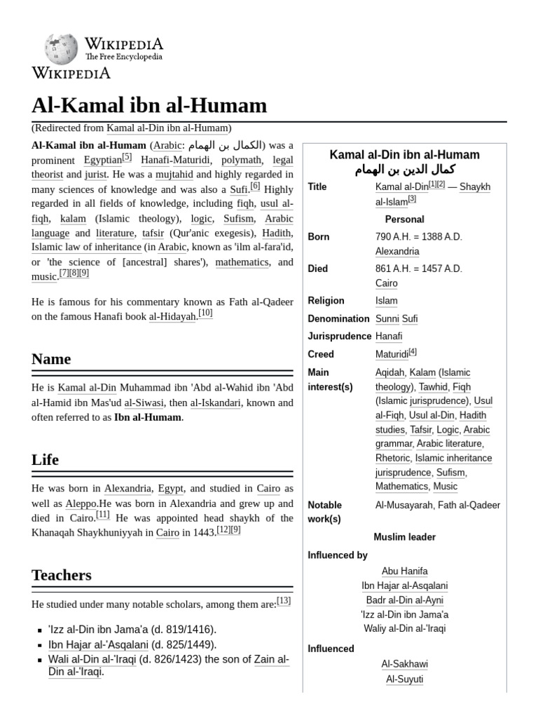 Persian3-Al-Kamal Ibn Al-Humam - Wikipedia | PDF