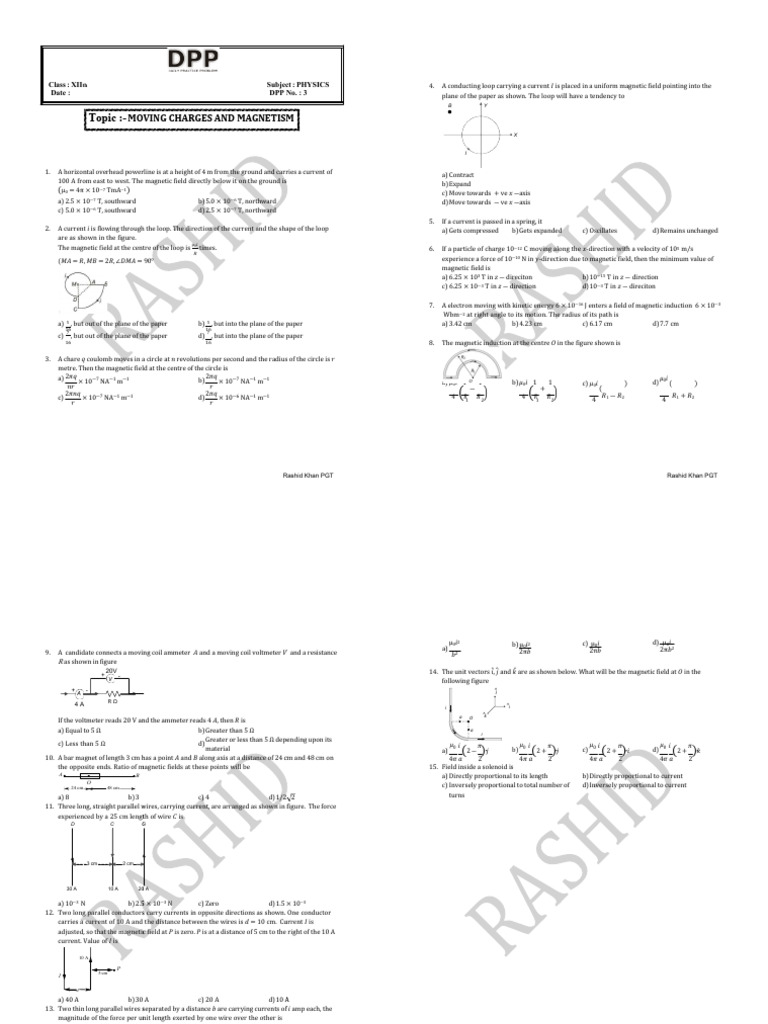 Moving Charge and Magnetism DPP 3 | PDF