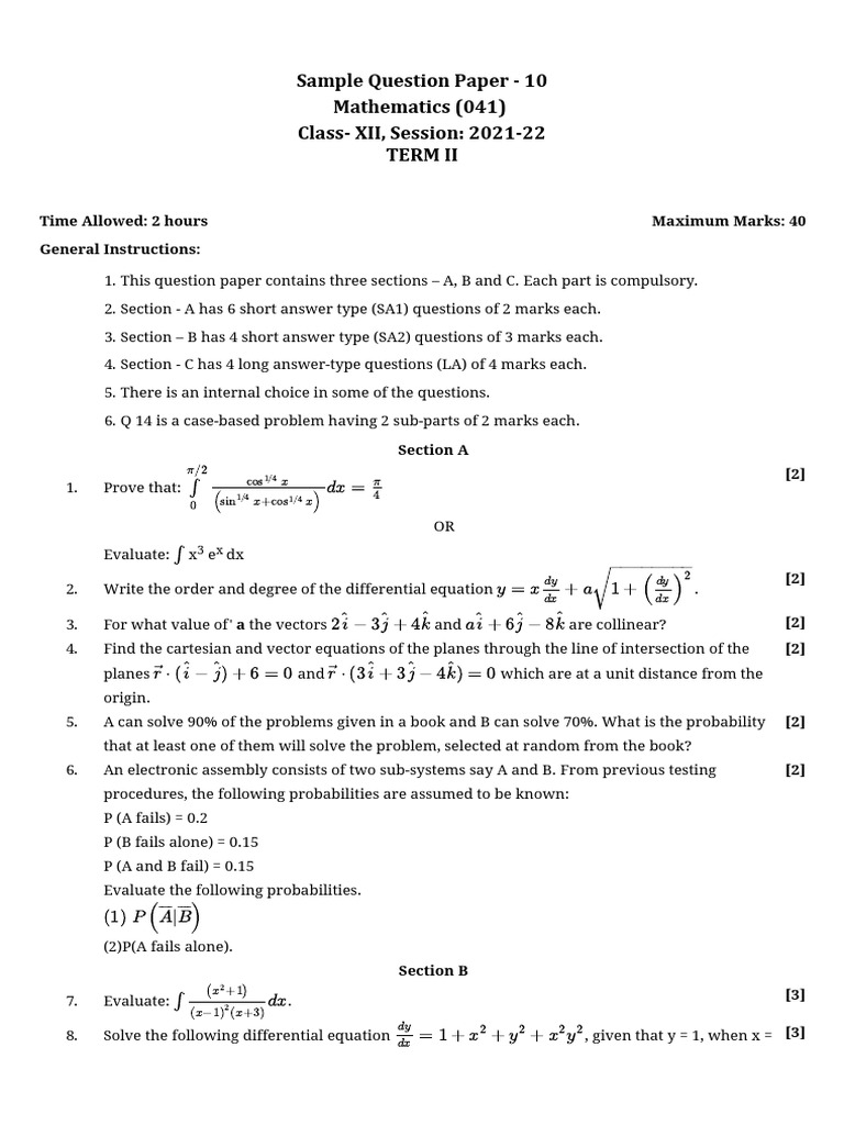 Sample Question Paper - 10 Mathematics (041) Class-XII, Session: 2021-22 | PDF