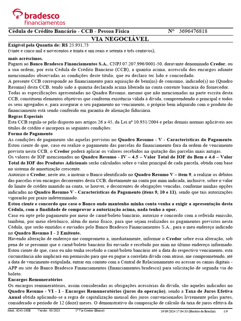 Via Negociável: Cédula de Crédito Bancário - CCB - Pessoa Física N° | PDF