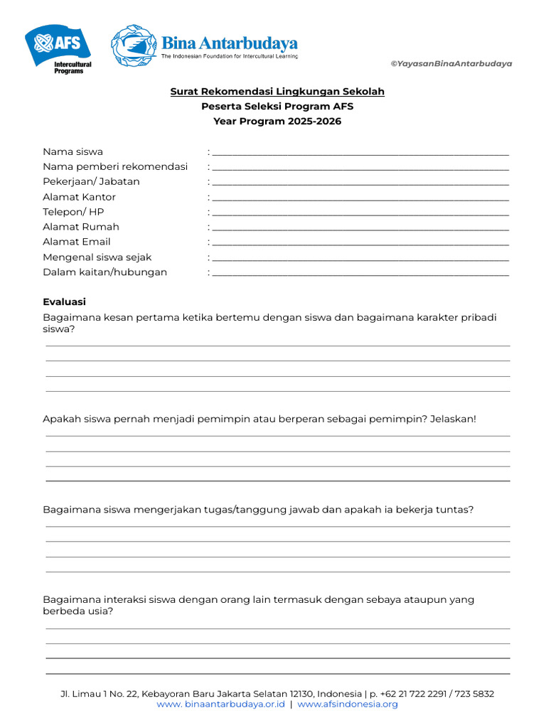 Surat Rekomendasi Lingkungan Sekolah (AFS) | PDF