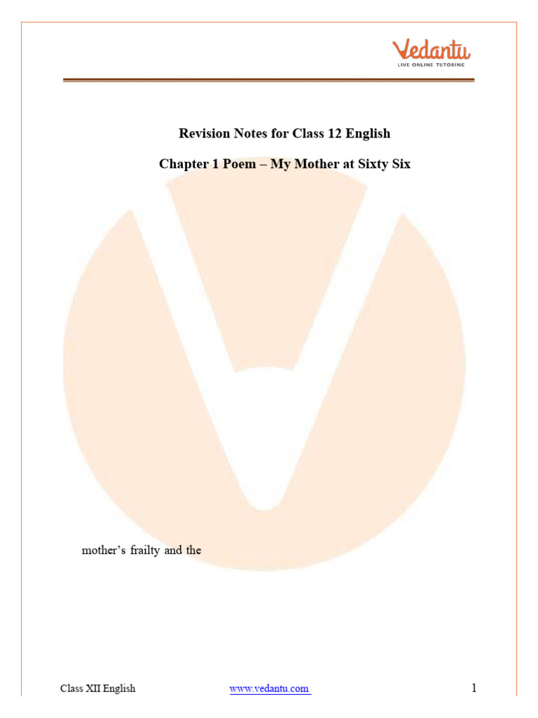 CBSE Class 12 English Notes Chapter 1 Poem My Mother at Sixty-Six PDF | PDF