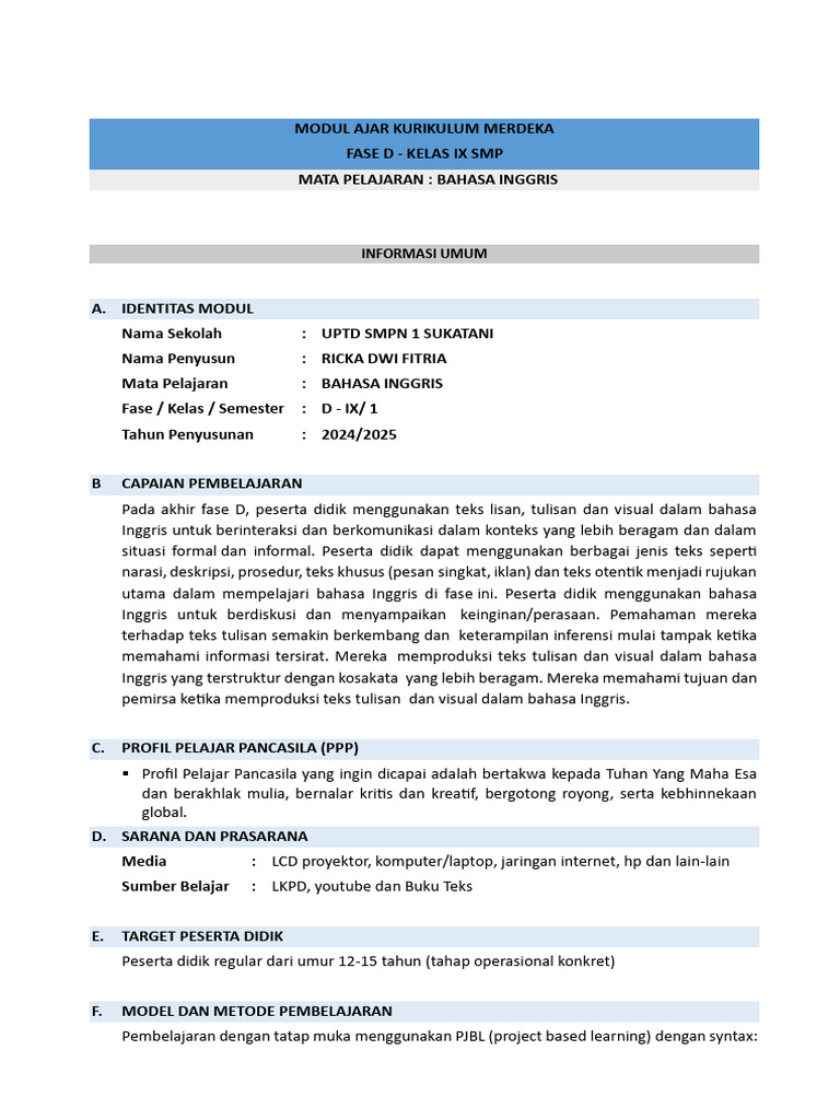 Perangkat Pembelajaran - Ricka Dwi Fitria - 2421931110393 | PDF