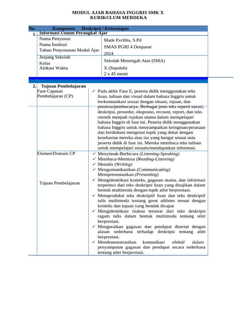 Modul Ajar Descriptive Text | PDF