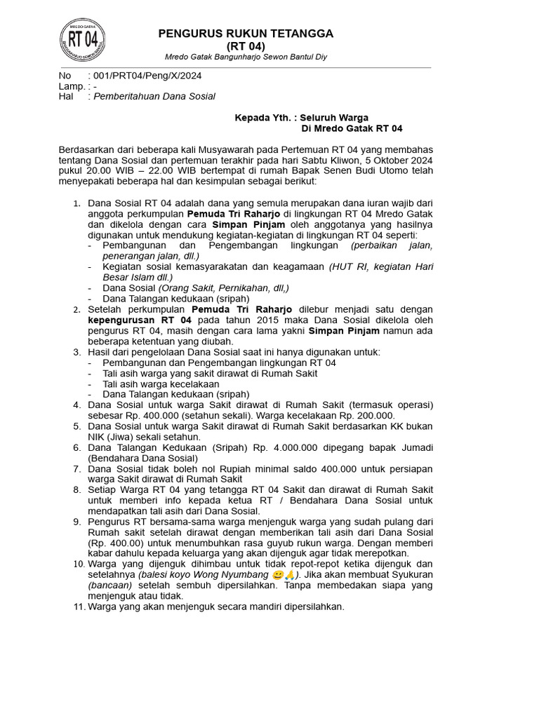Surat Edaran RT 04 - Dana Sosial RT | PDF
