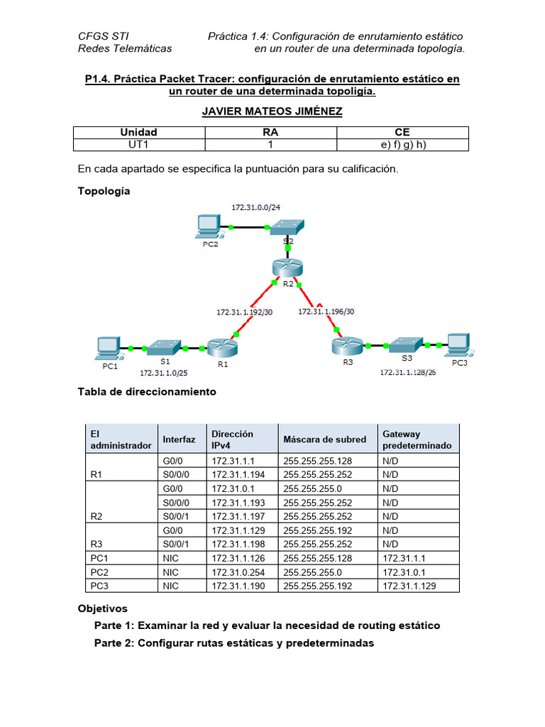P1.4. Configuración Enrutamiento Estático en Un Router | PDF