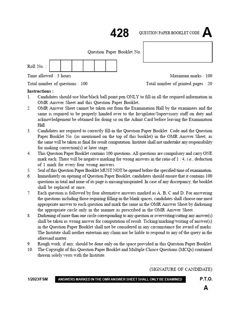 Instructions:: Question Paper Booklet Code | PDF
