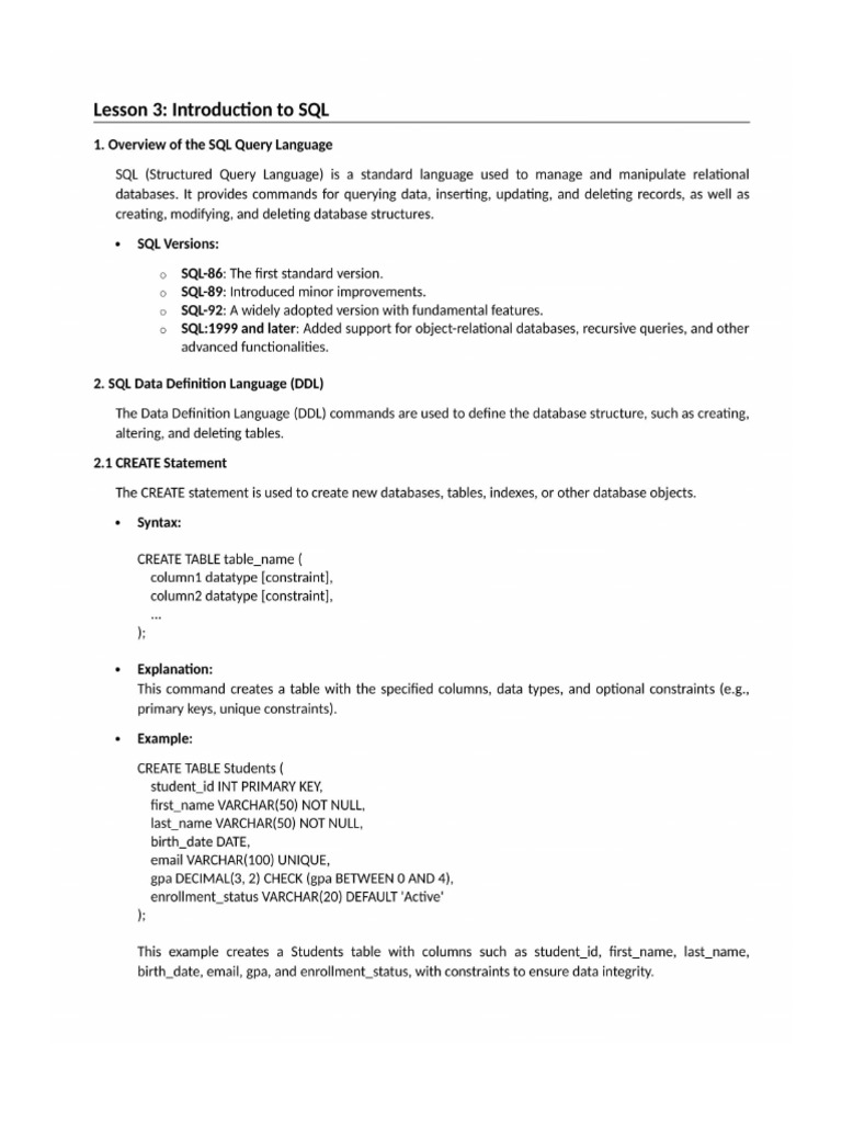 Lesson 3 - Introduction To SQL | PDF